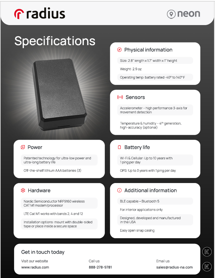 Neon M2 Mini Sales Flyer Spec Sheet – Radius Telematics