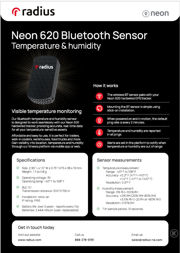 Neon 620 BT Temp/Humidity Sensor Sales Flyer Spec Sheet – Radius Telematics