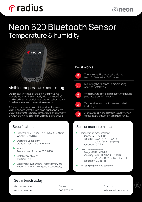 Neon 620 BT Temp/Humidity Sensor Sales Flyer Spec Sheet – Radius Telematics